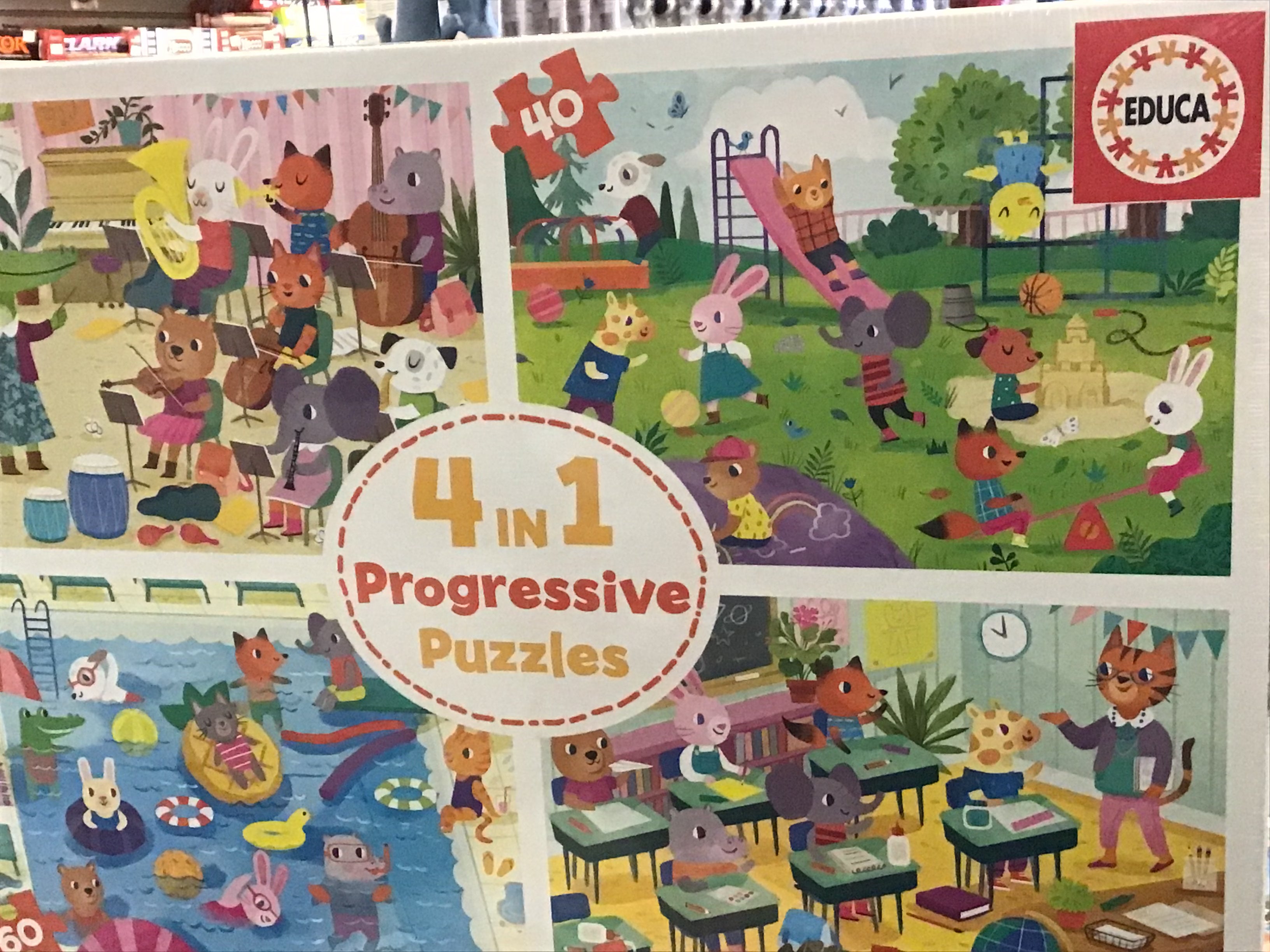 Educa 4 in 1 Progressive Puzzles- School Day – Nuts For Candy & Toys